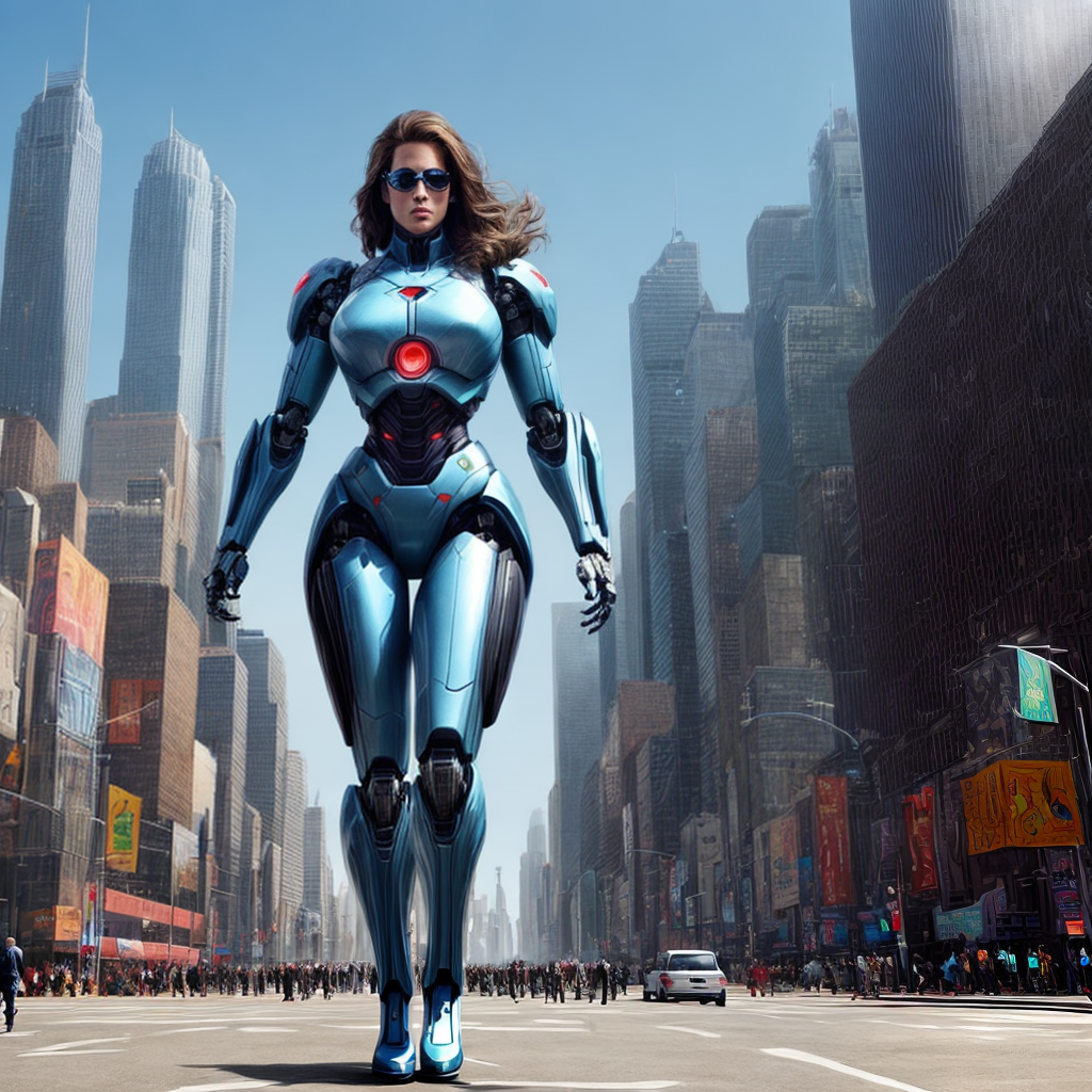 Ashley graham robot arms showing full body with futuristic city background