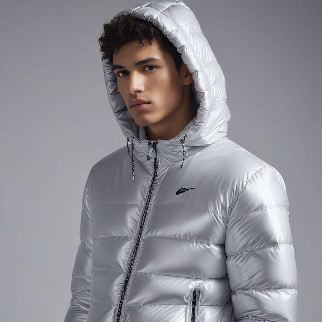 Male supermodel nike shiny puffer jacket bling jewellery hood gangster