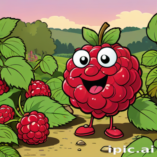 Cheerful Cartoon Raspberry Character Enjoying a Sunny Day in the Garden