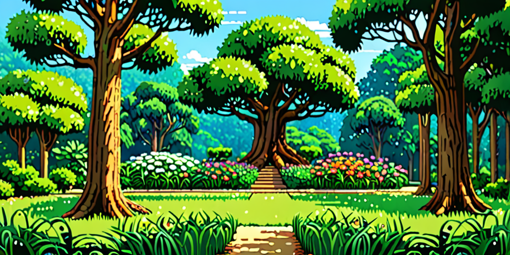 pixelart beautiful garden, cute , art, ghibli, sun, big trees, jungle