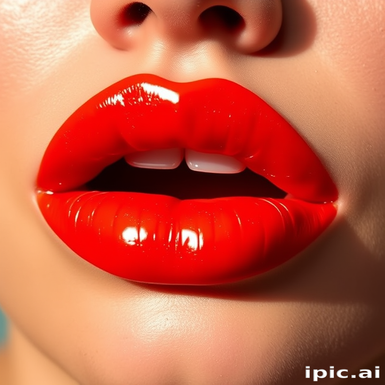 Close-Up of Glossy Red Lips with a Shiny and Vibrant Finish