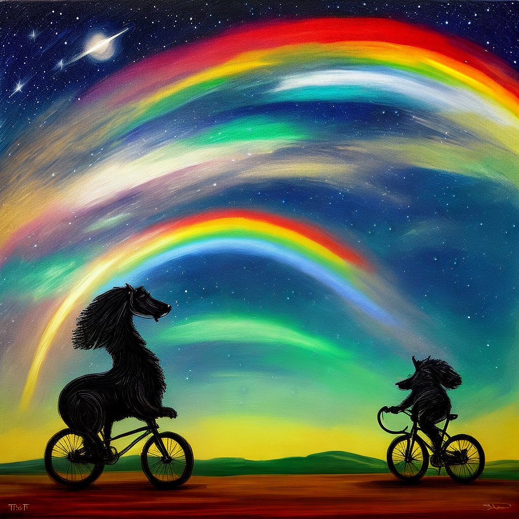 Oil canvas of a tricolor cat riding through the stars on a rainbow bicycle