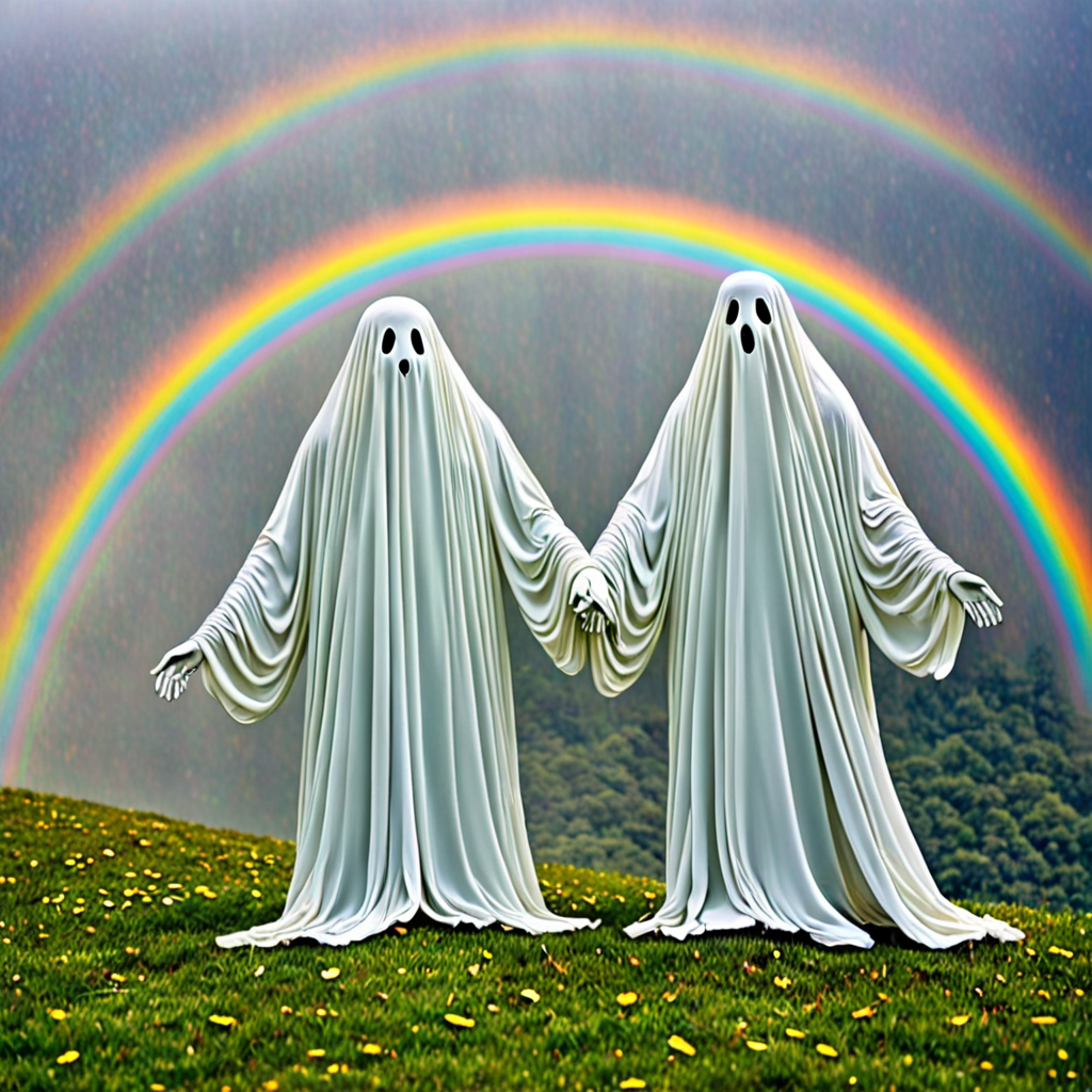 two male ghosts made of rainbows