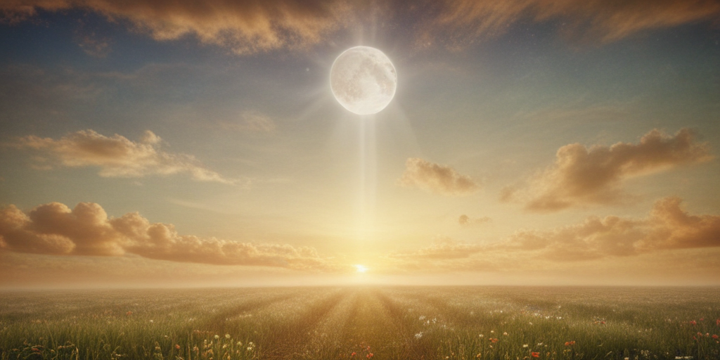 Serene Landscape at Dusk with a Majestic Moon and Radiant Sunlight