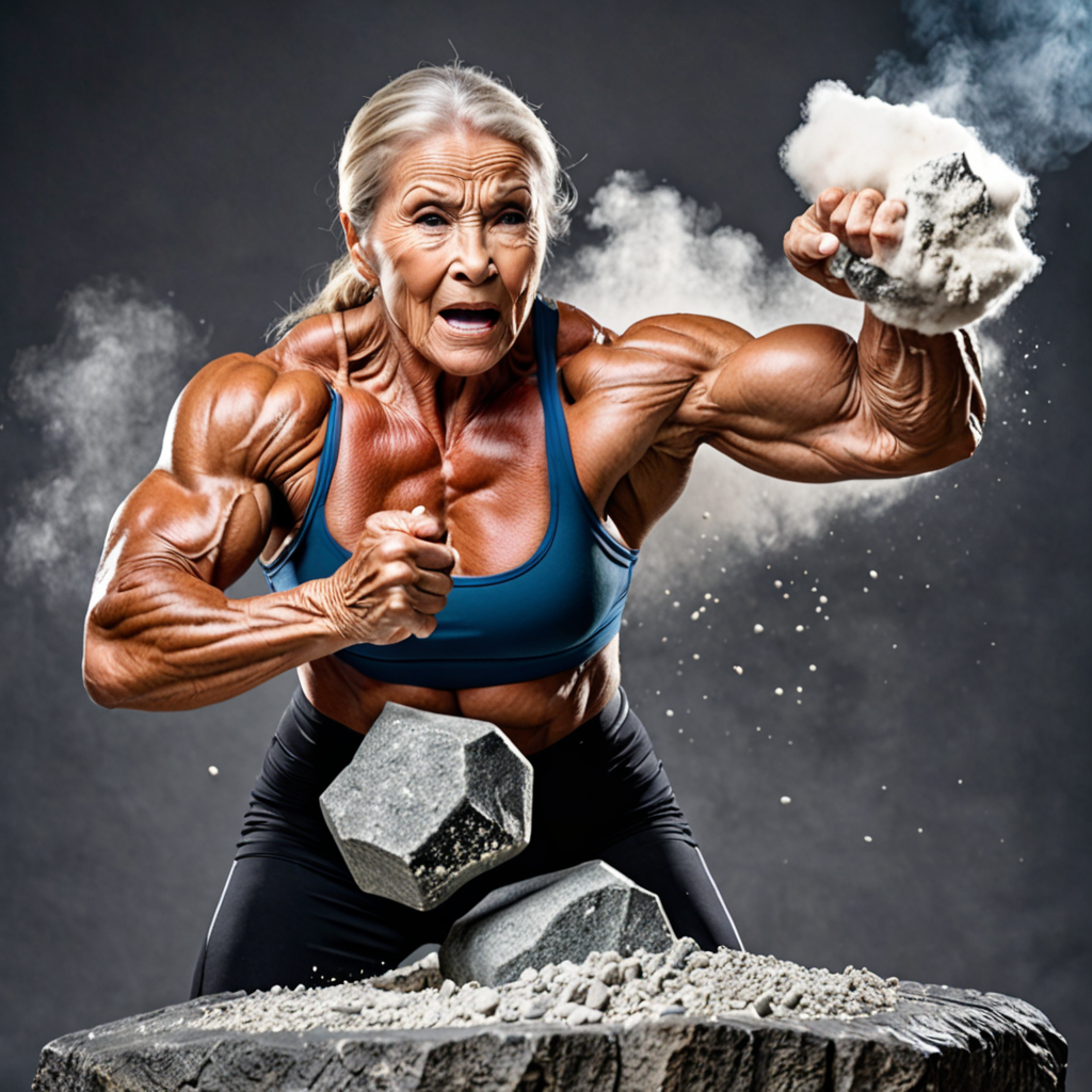 strong elderly muscular woman with enormous oversized vascular bulging ...