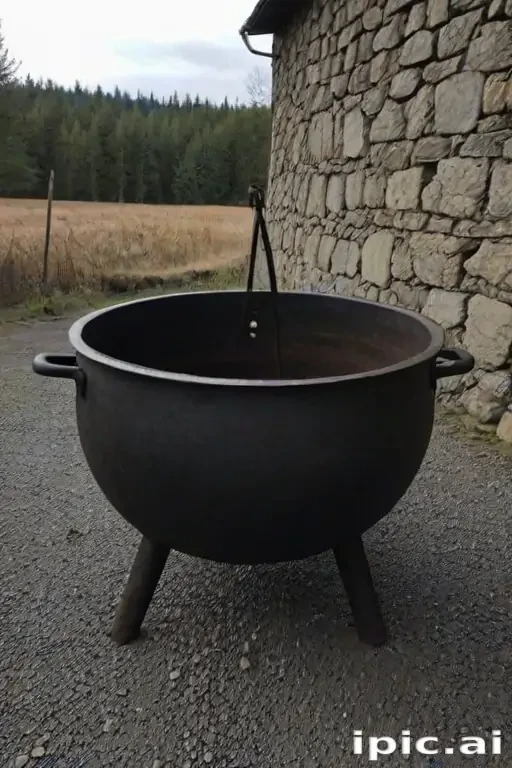 Large Black Cauldron Placed on Gravel Near a Stone Building
