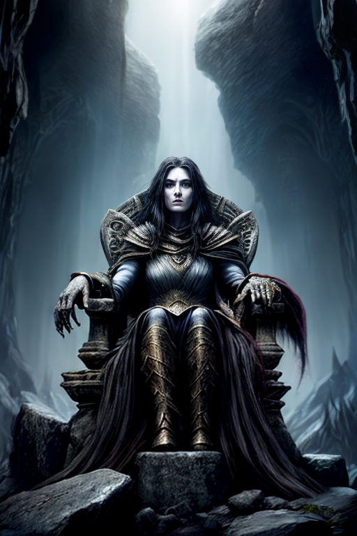Dark Fantasy, pale druid woman with long black hair, pitch black eyes ...