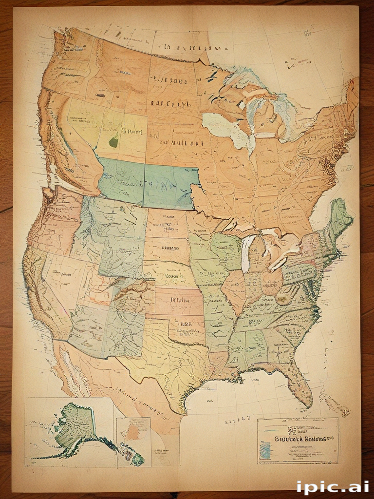 Historical Map Illustrating the United States with Detailed State ...