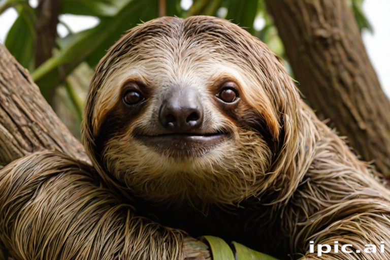 Charming Sloth Relaxing on a Tree Branch with a Happy Expression