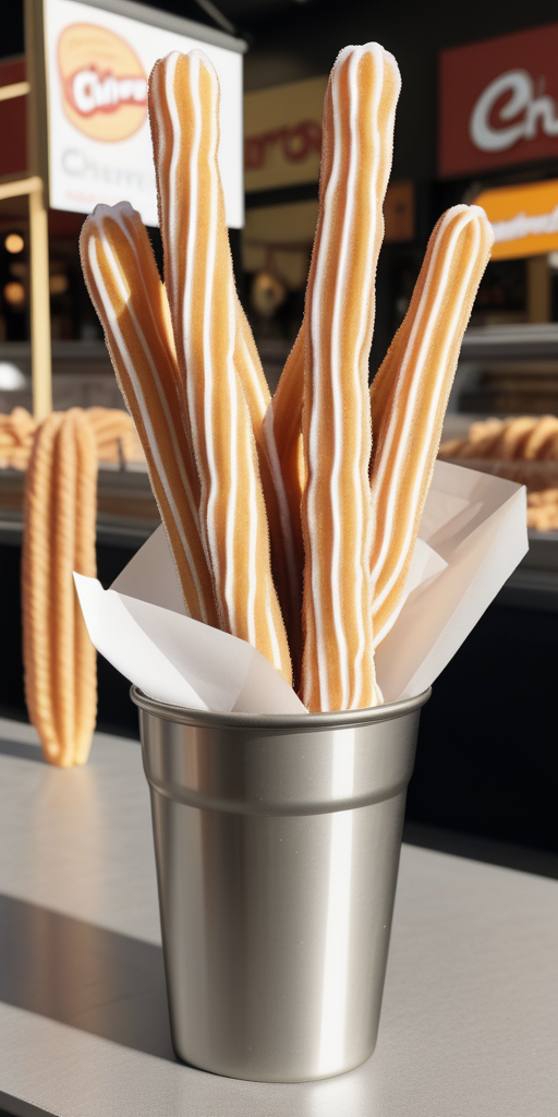 Deliciously Golden Churros Stacked High in a Silver Bucket Display.