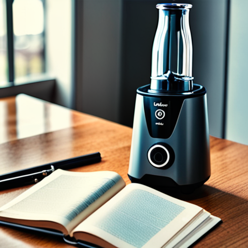a blender with books, pens, tablets