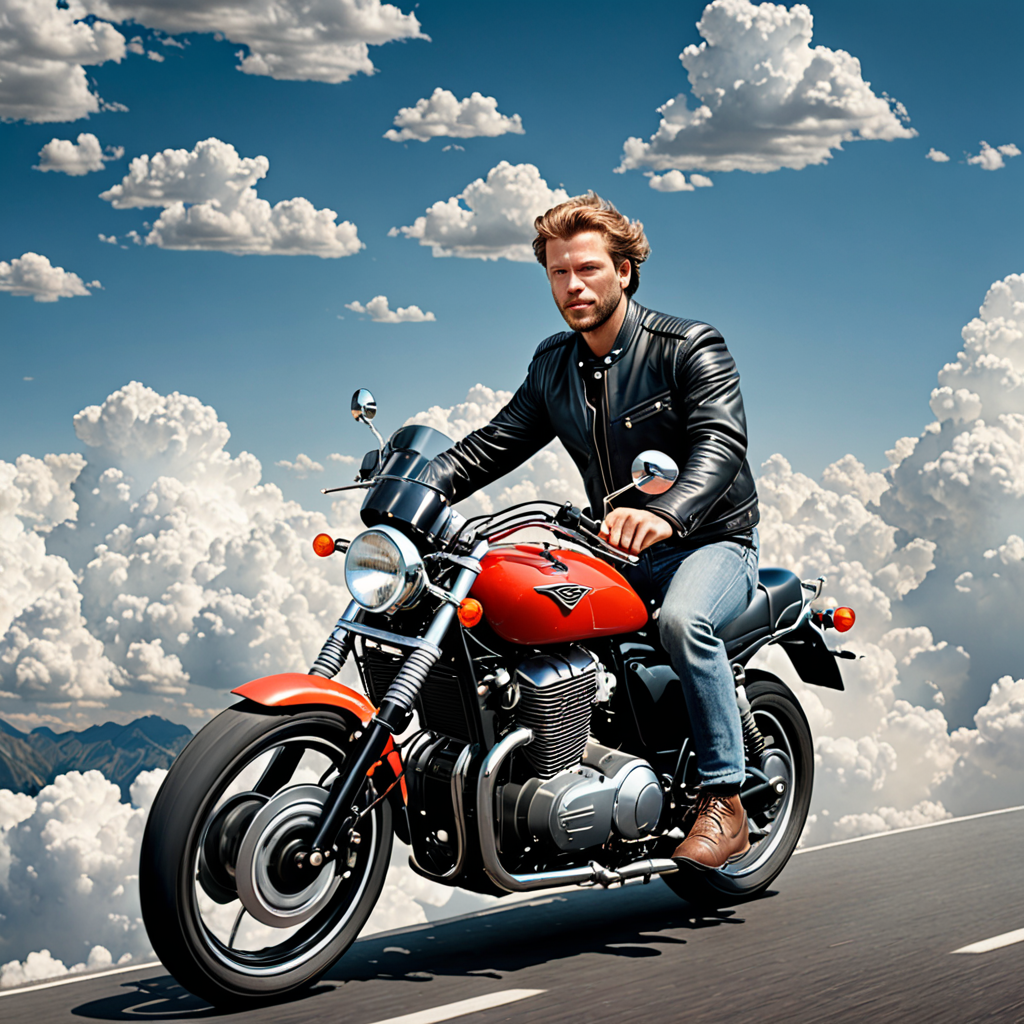 Hyper realistic photo album photo of man (Caucasian) riding a ...