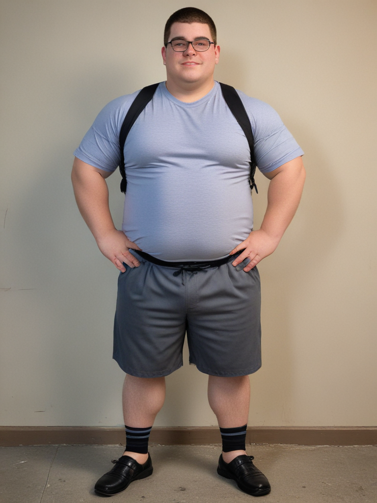 Realistic chubby college nerd guy, full body, realistic powerlifter ...