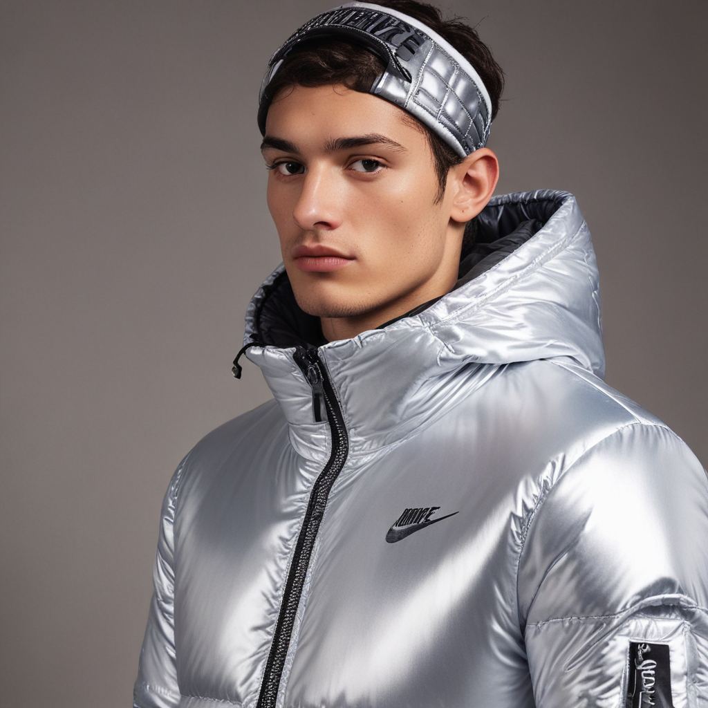 Male supermodel nike shiny puffer jacket bling jewellery hood headband