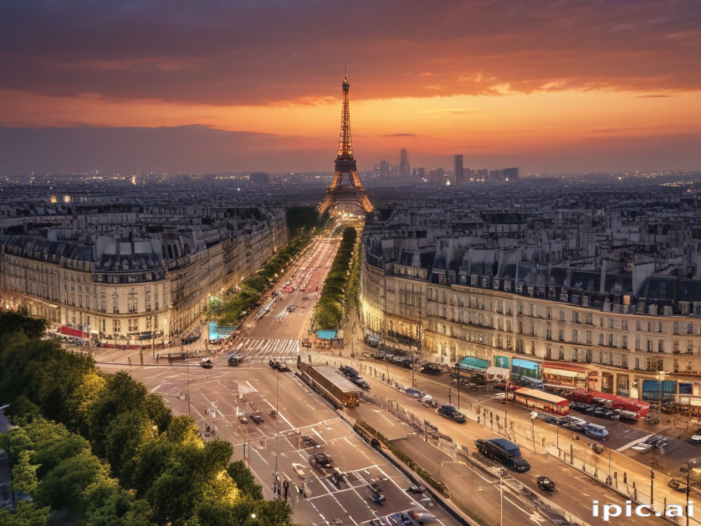 Stunning Sunset View of Paris with the Eiffel Tower Illuminated at Dusk