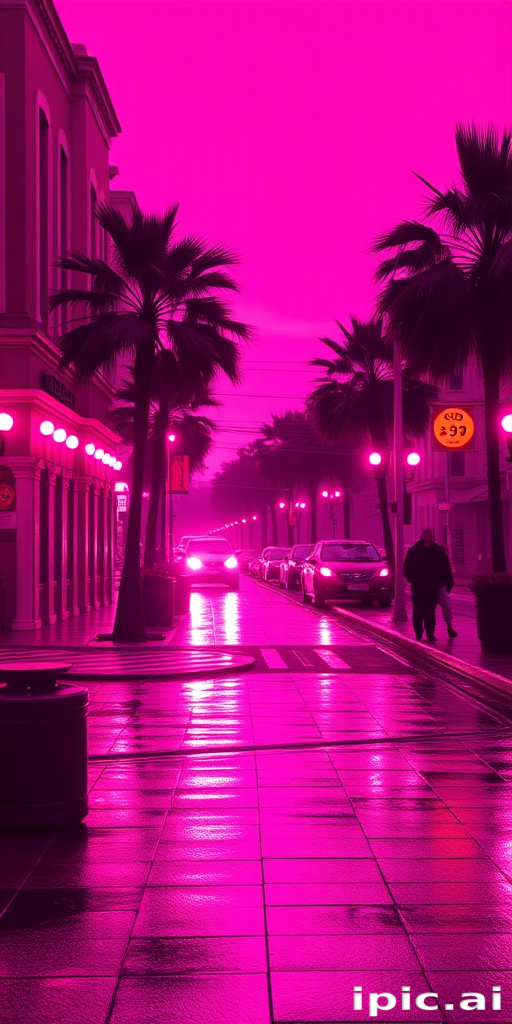 Vibrant Pink Street Scene with Palm Trees and Neon Lights at Dusk