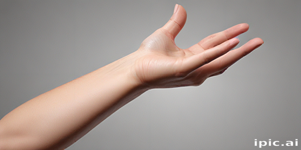 A Human Hand Reaching Out with an Open Palm Against a Gray Background.