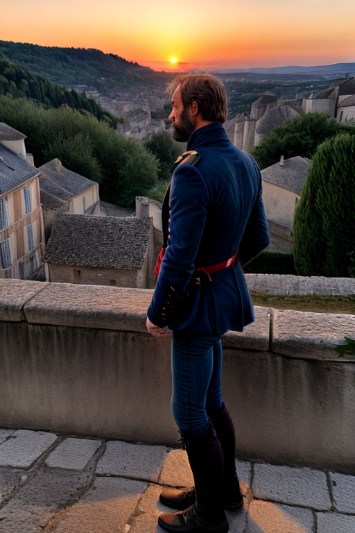 Jean Valjean, habits usés, un bâton à la main, devant la ville de Digne ...