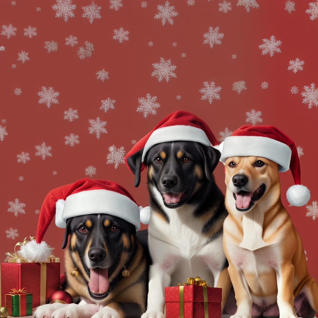 Three Festive Dogs in Santa Hats Surrounded by Holiday Gifts and Snowflakes
