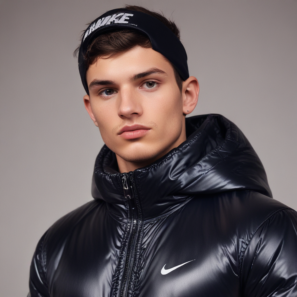 Male supermodel nike shiny puffer jacket bling jewellery hood headband
