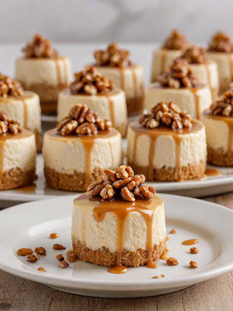 Delicious Mini Cheesecakes Topped with Caramel and Crunchy Pecans ...