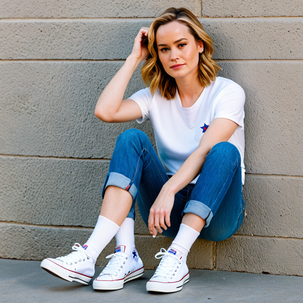 Mcu Brie Larson Carol Danvers Sitting in White Shirt, Blue Jeans, White ...