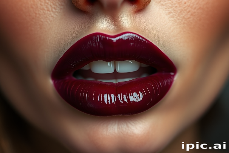Close-Up of Glossy Dark Red Lips with a Subtle Shine Effect