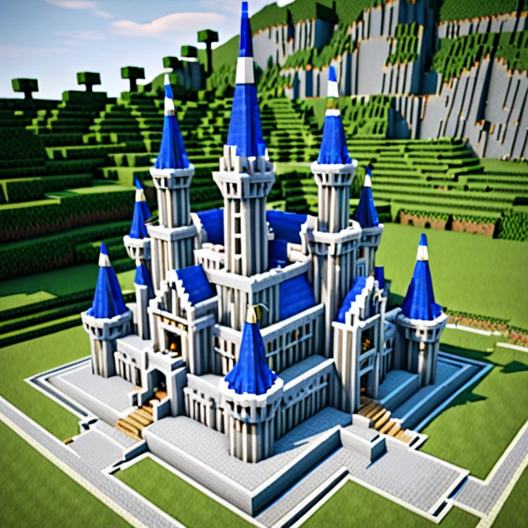 ice and quartz diorite castle in Minecraft in a square format of 40x40 blocks with 4 towers