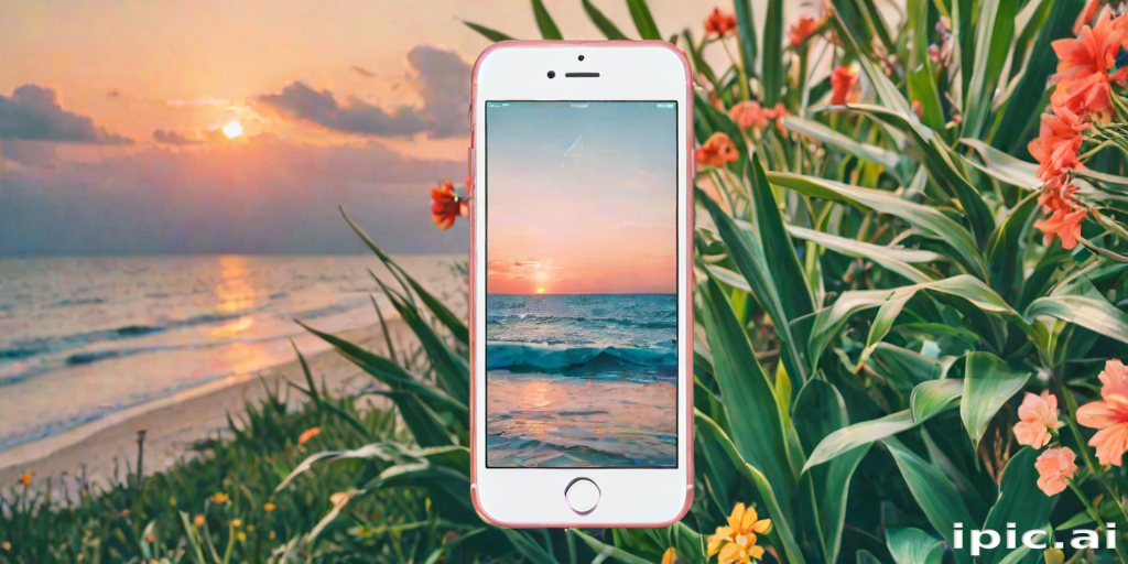 Smartphone Displaying a Beautiful Sunset Over the Ocean and Flowers