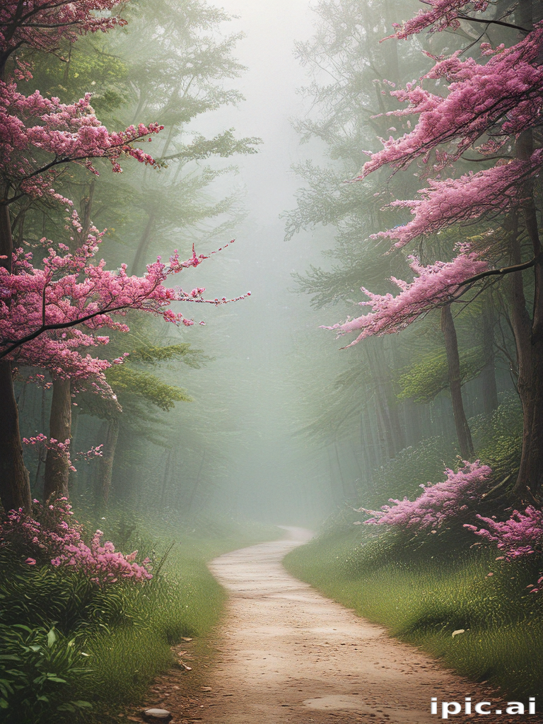 Tranquil Pathway Through a Misty Forest Adorned with Pink Blossoms