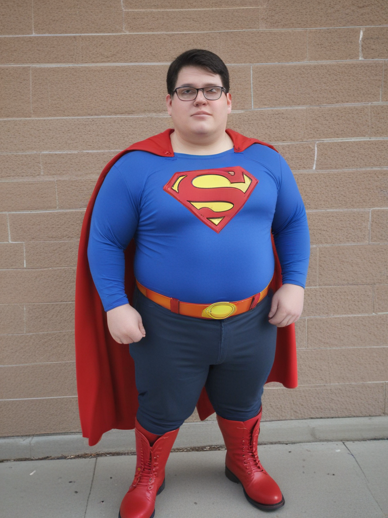 Realistic chubby high school nerd guy, realistic superman costume and ...