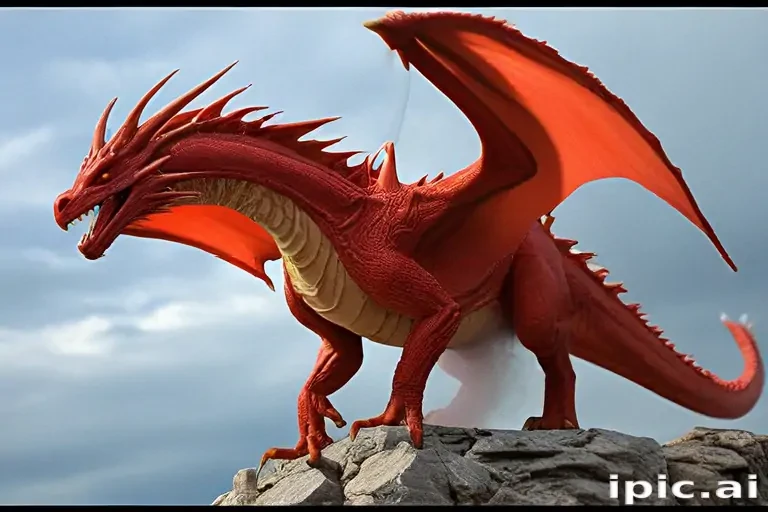 Majestic Red Dragon Perched on Rocky Outcrop Against Dramatic Sky