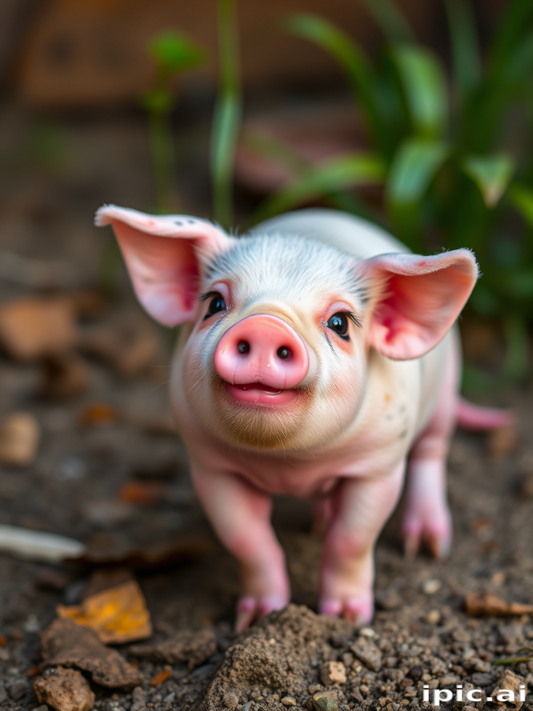 A Playful Piglet Smiling Cheerfully Amongst the Greenery and Earthy Ground.