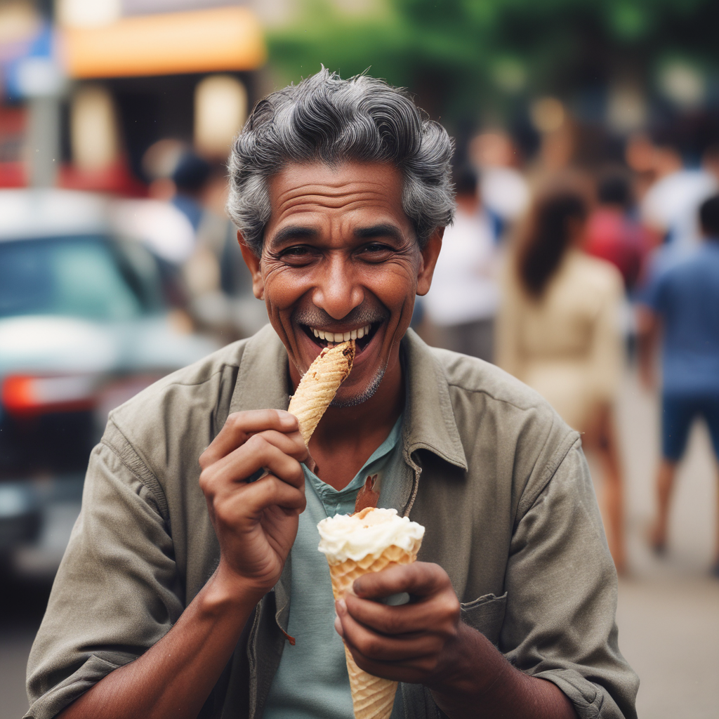 Indian man in India eating ice cream cone of poop