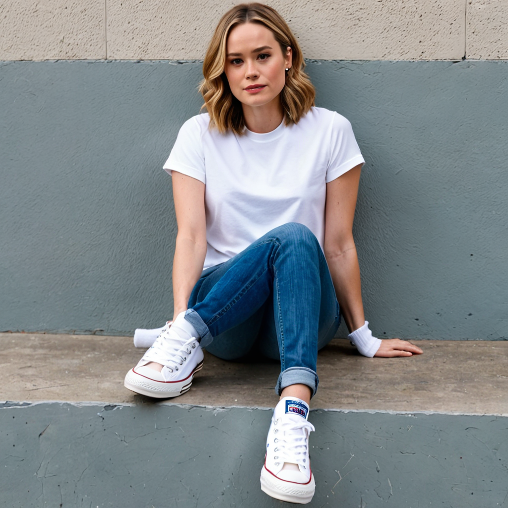 Mcu Brie Larson Carol Danvers Sitting in White Shirt, Blue Jeans, White ...