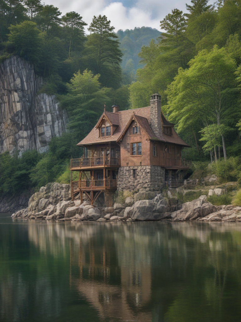 steampunk house on with stone walls in a middle of a mountin lake ...