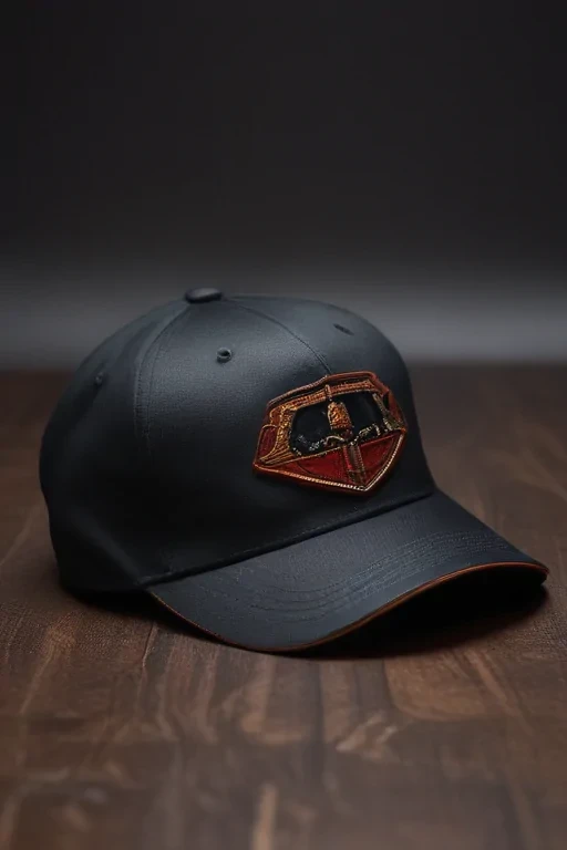 Stylish Dark Cap Featuring a Unique Embroidered Logo Design on Front