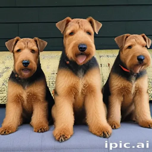 Three Adorable Airedale Terriers Sitting Together on a Cozy Couch
