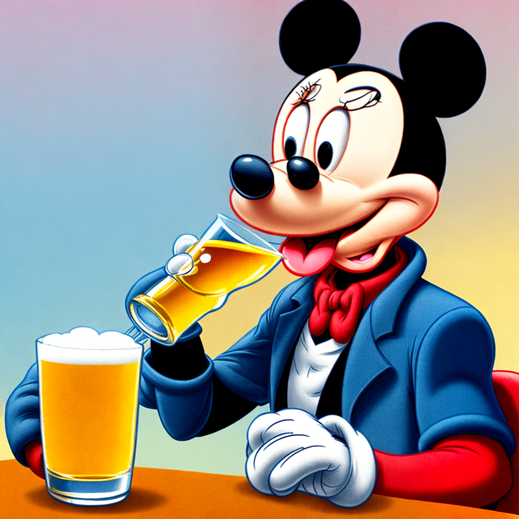 close-up cartoon view of mickey mouse drinking beer in a mouse bar