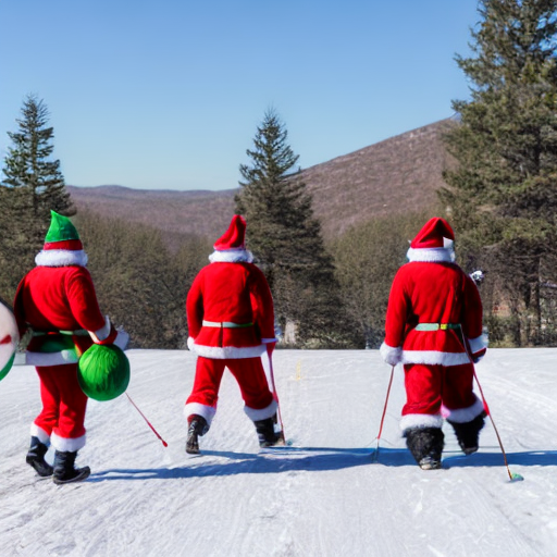santa exercising with elves and reindeer in north pole