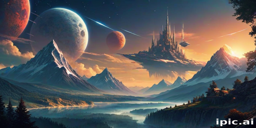 Majestic Fantasy Landscape Featuring Mountains, Planets, and a Floating ...