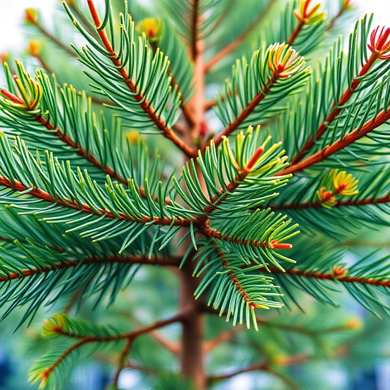 Close-Up of a Vibrant Green Pine Tree Branch with New Growth