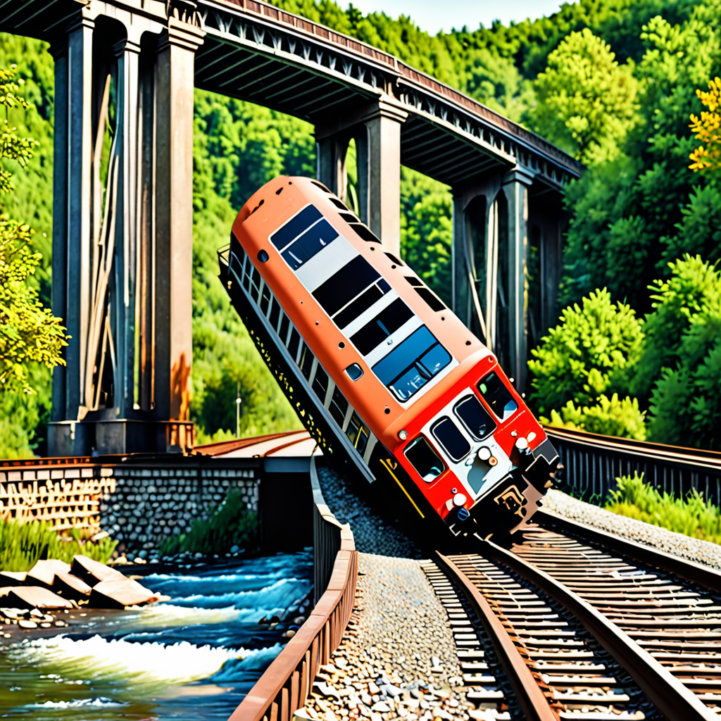 crashed train on bridge over river realistic