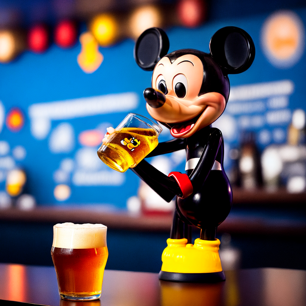 close-up view of mickey mouse drinking beer in a mouse bar