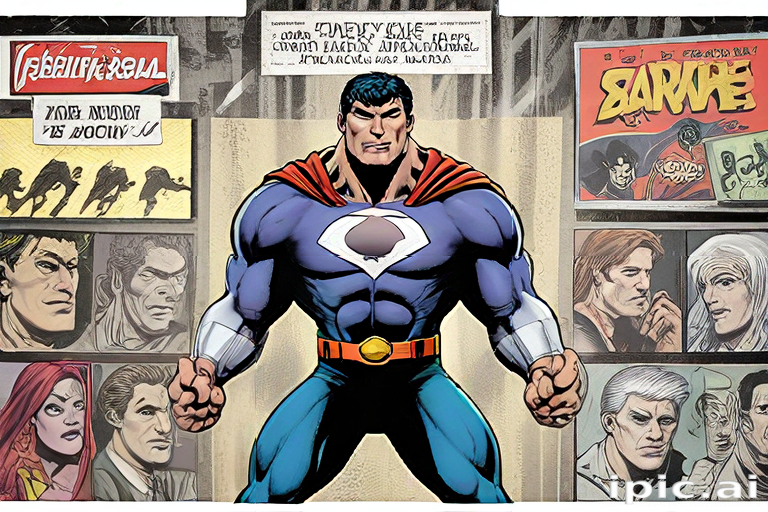 Heroic Character Standing Strong Amidst Comic Panels and Dramatic Scenes