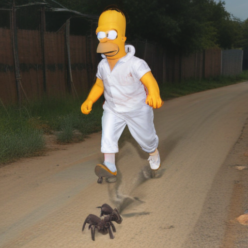 Homer Simpson and Kesha running for their lives during a tarantula invasion