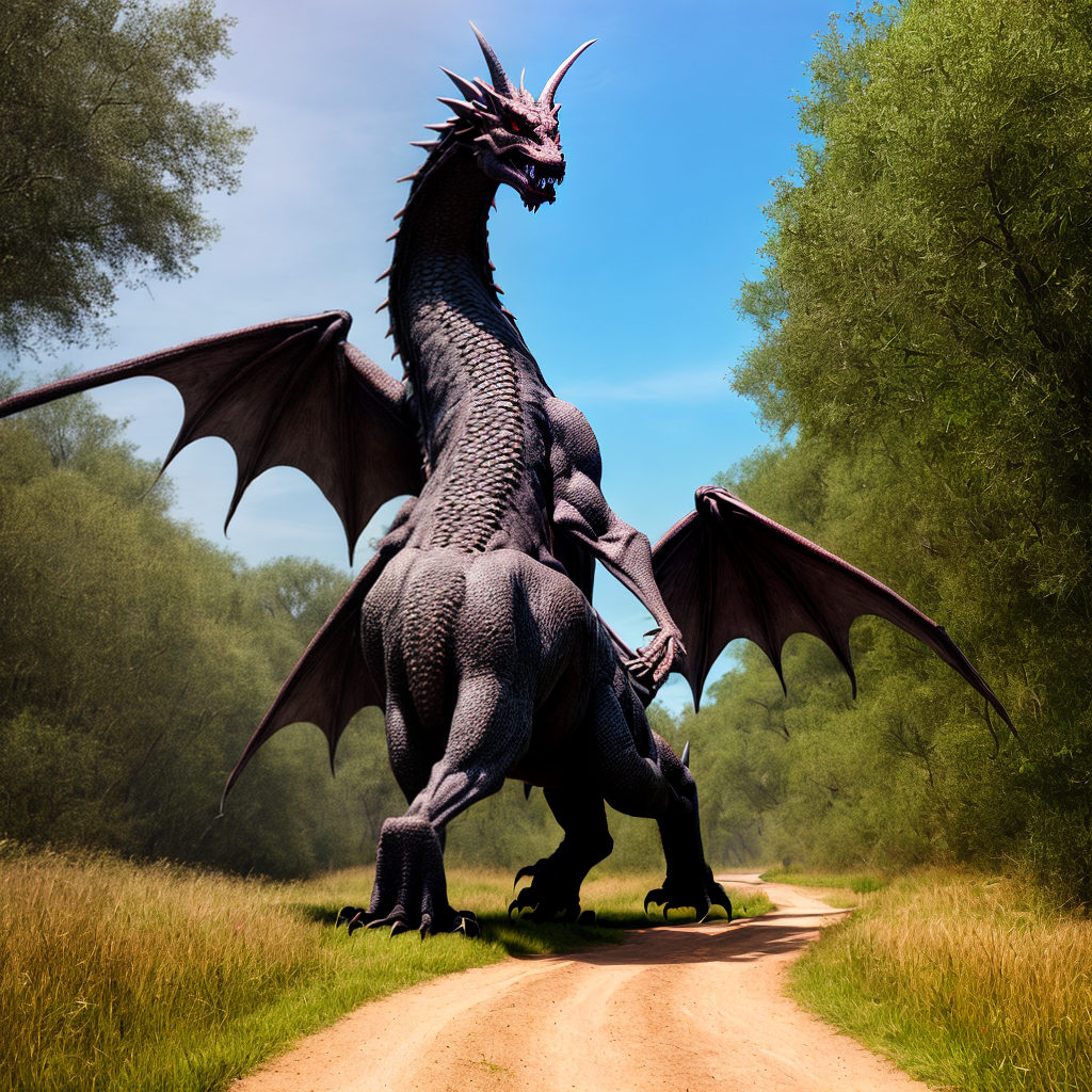 the rear end of a dragon walking down a path, with its tail up above ...