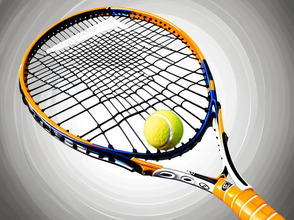 A Tennis Racket and Ball in Motion Against a Dynamic Background.