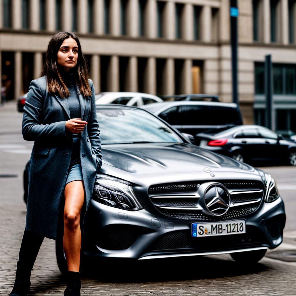 woman standing in front of a mercedes in berlin
