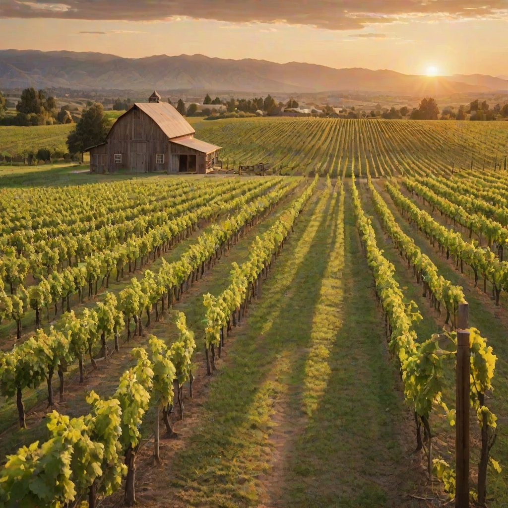 Sunset Over a Serene Vineyard with Rows of Grape Vines